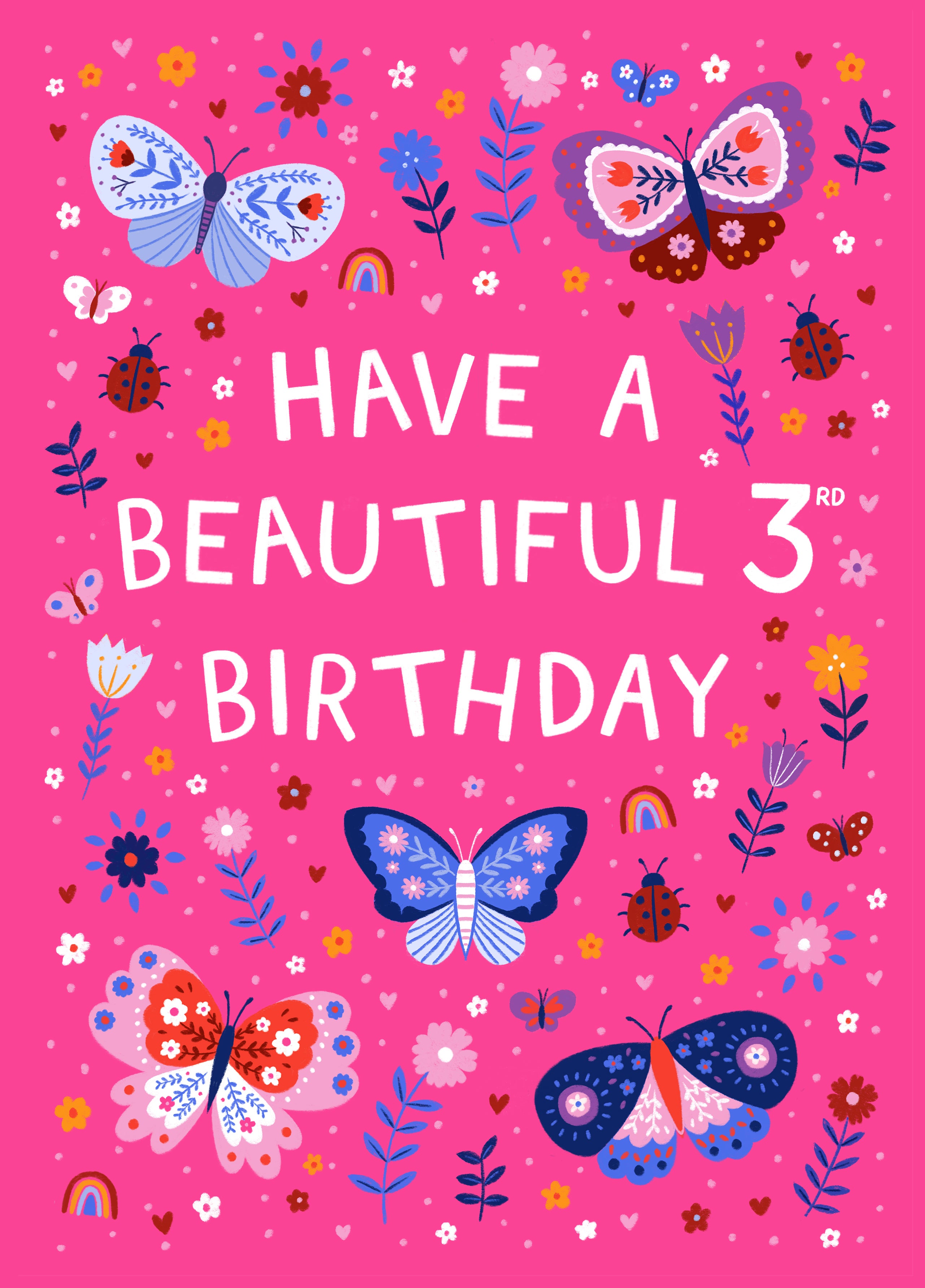 Cute 3rd Birthday Card - Butterflies And Ladybirds - For Her ...